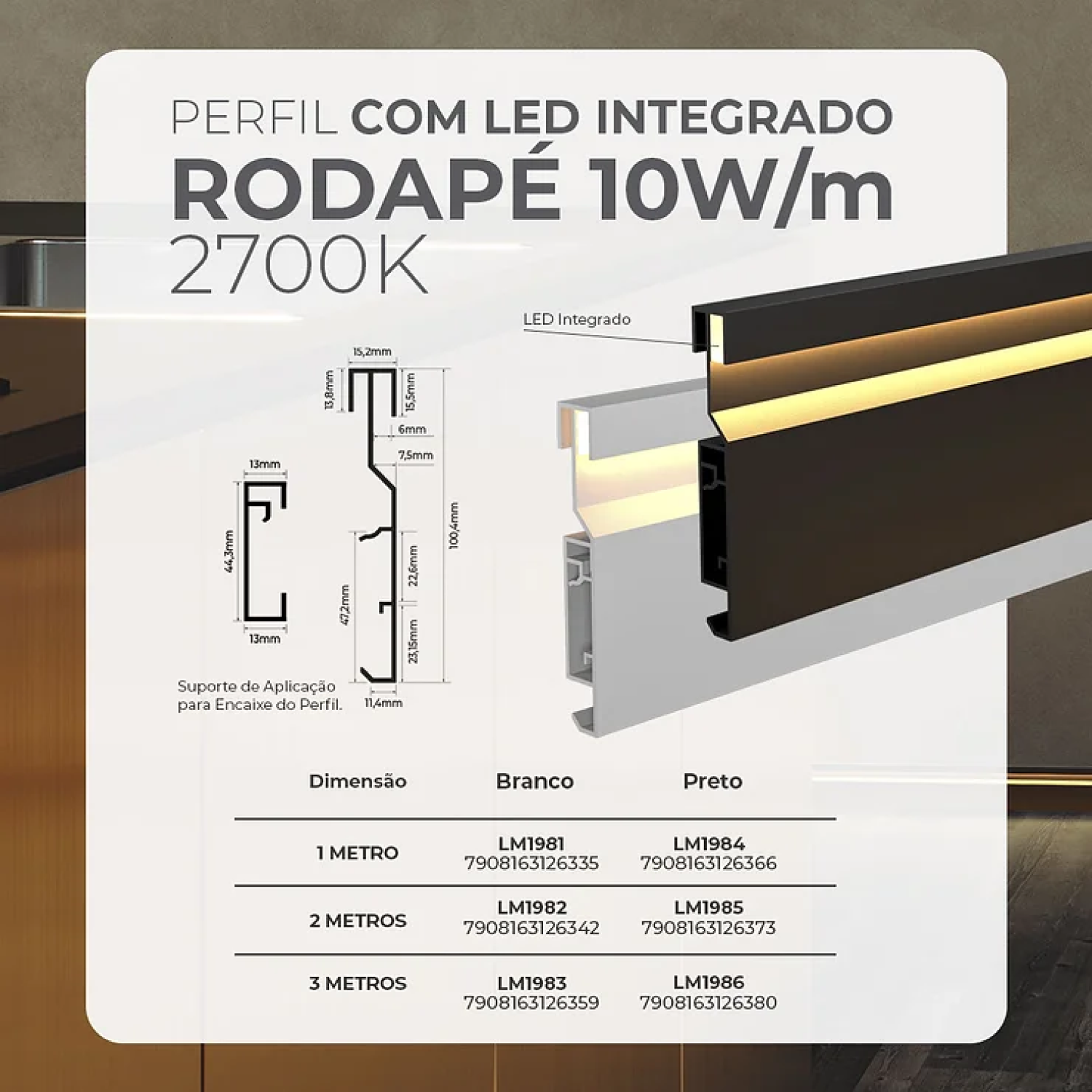 Perfil de Rodapé com Led Integrado Branco 10W/m 100mm x 15mm – Darife'S ...